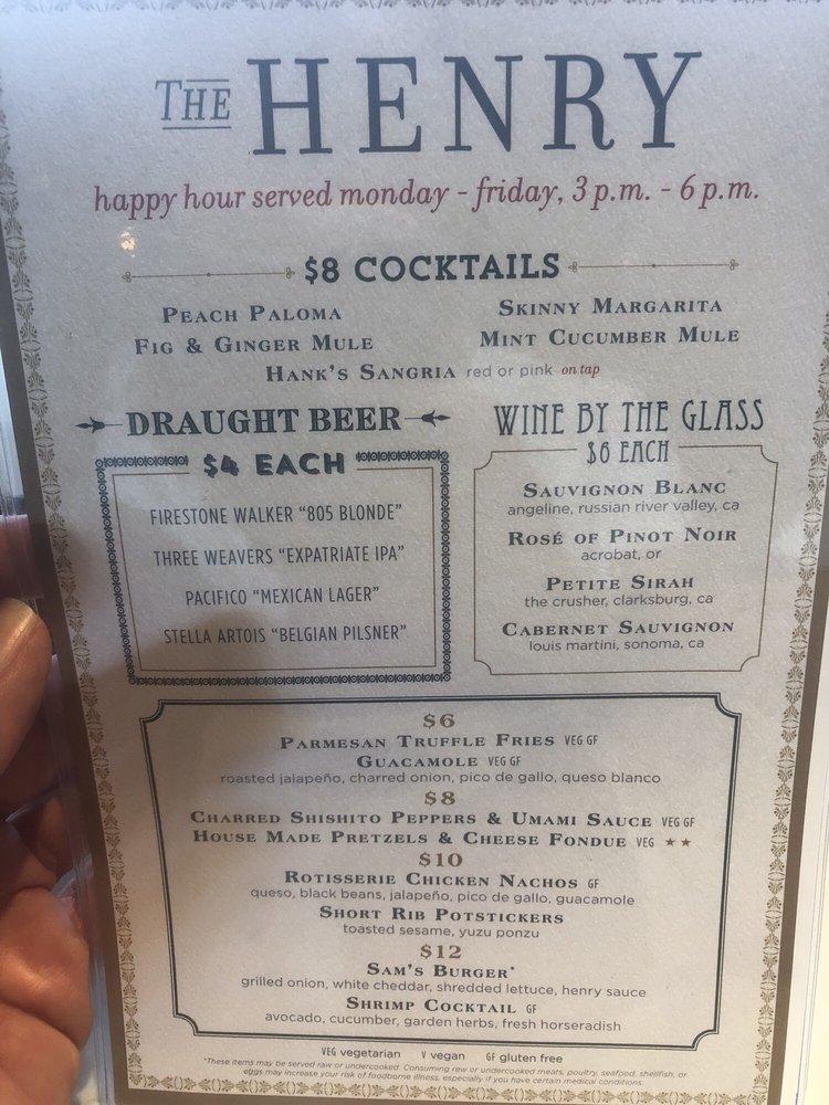 Menu at The Henry restaurant, Coronado