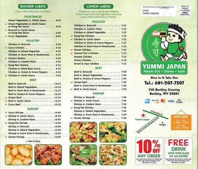 Menu at Yummi Japan restaurant, Beckley