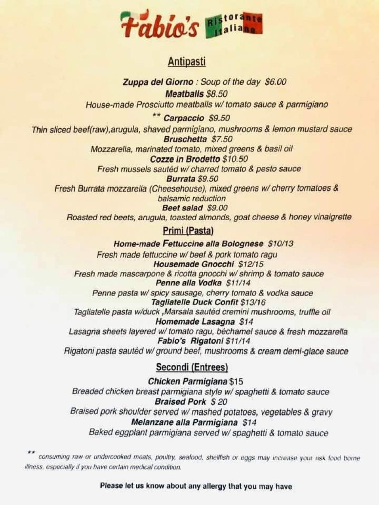 Menu at Fabio's Ristorante Italiano restaurant, Charleston