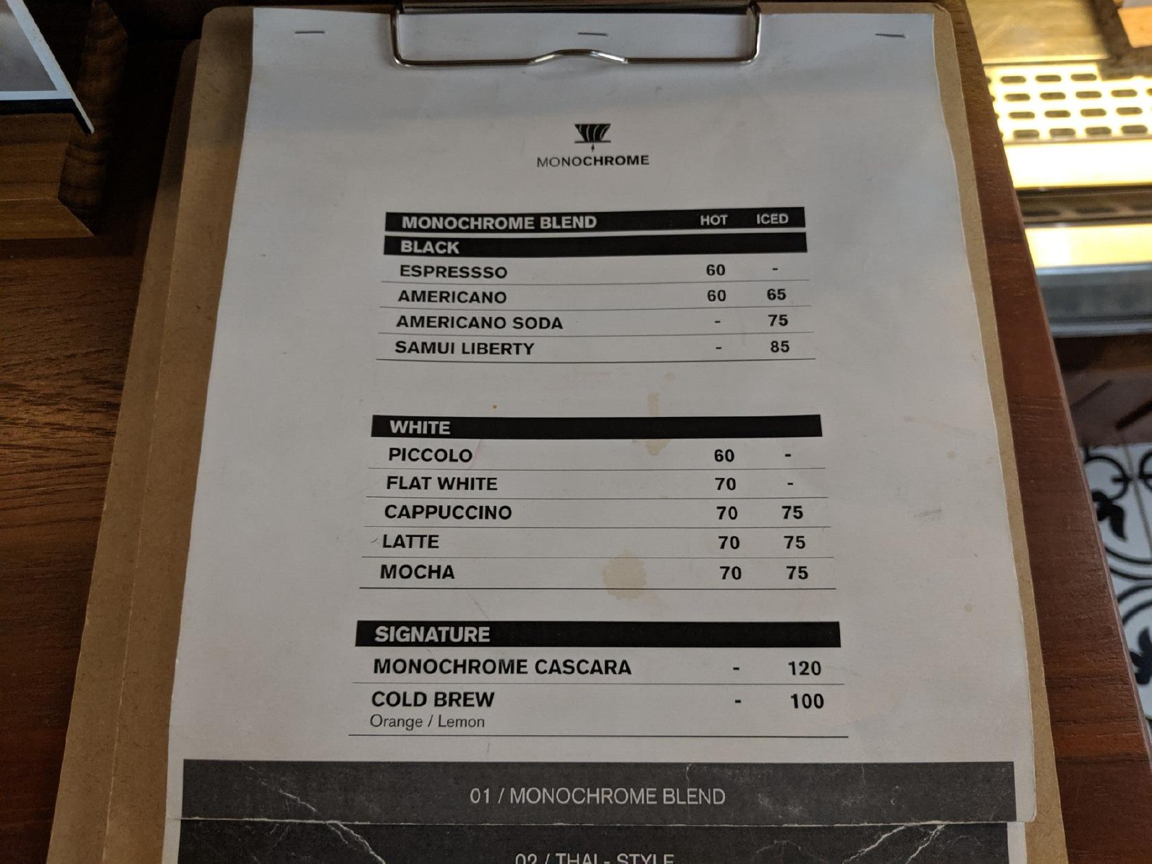 Menu at MONOCHROME cafe, Bangkok, 8 Decho Rd