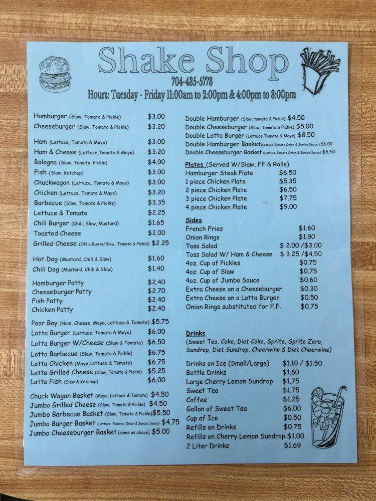 Menu at Shake Shop restaurant, Cherryville