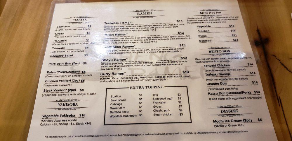 Menu at Sheng Ramen Ballantyne restaurant, Charlotte