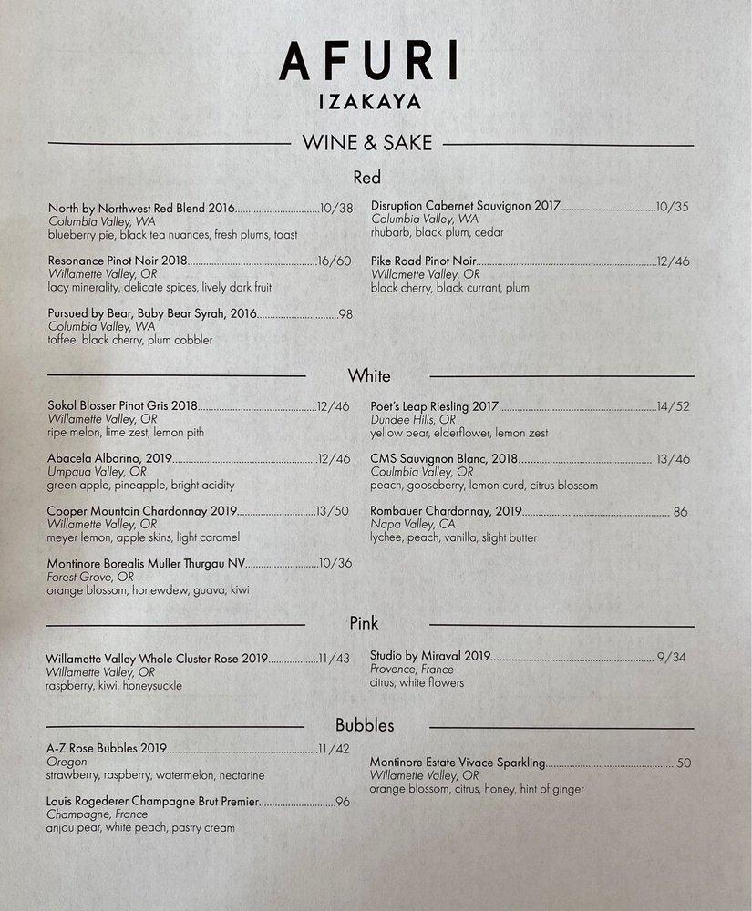 Menu at AFURI ramen + dumpling Beaverton restaurant, Beaverton