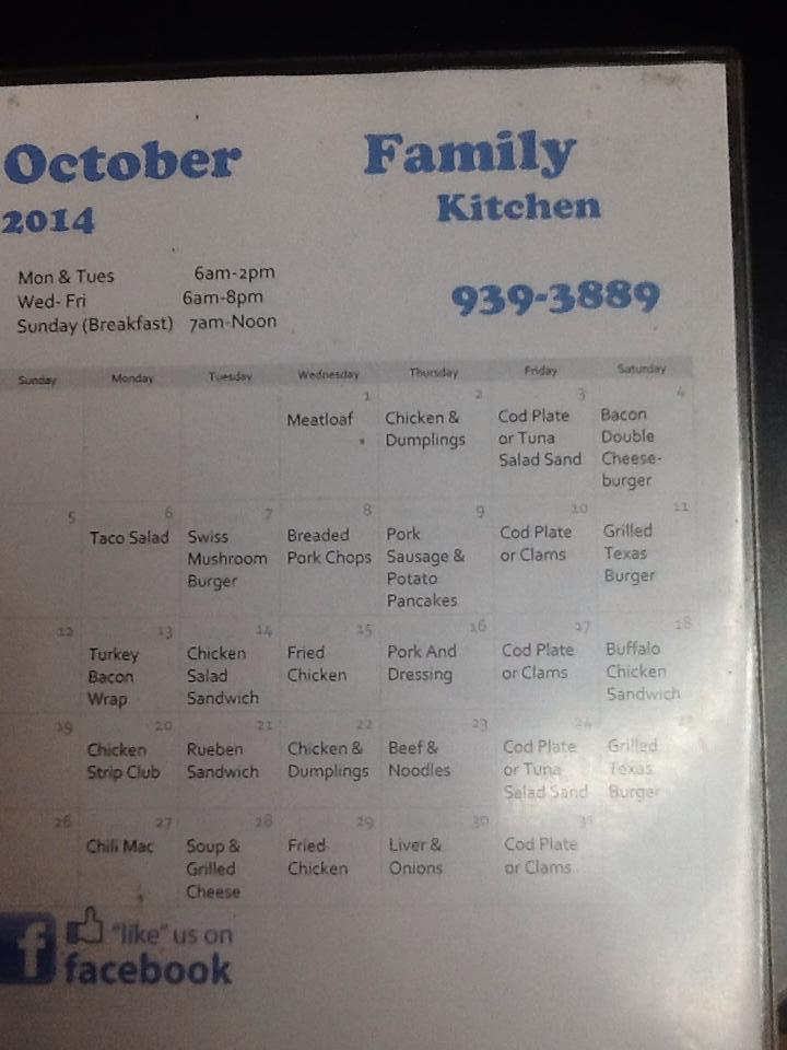 Menu at Family Kitchen restaurant, Waterloo