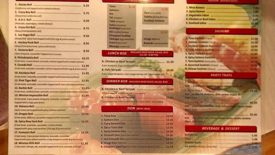 Menu at Mission Hills Sushi restaurant, Mission, Lougheed Hwy. #216