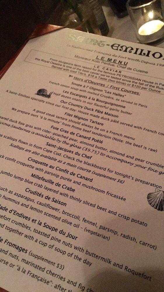 Menu at Saint-Emilion Restaurant, Fort Worth