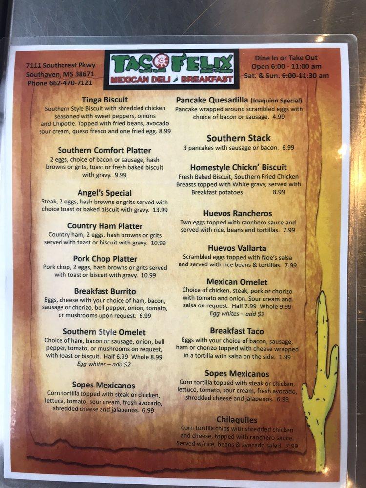Menu at TACO FELIX 2 restaurant, Southaven