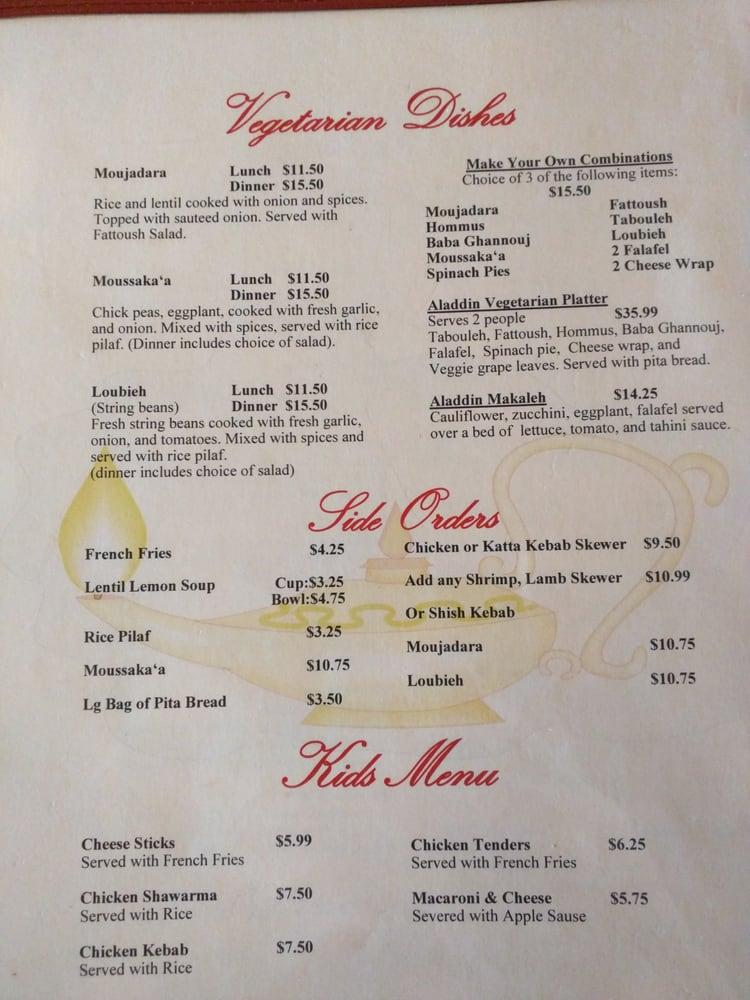 Menu at Aladdin Restaurant, West Reading