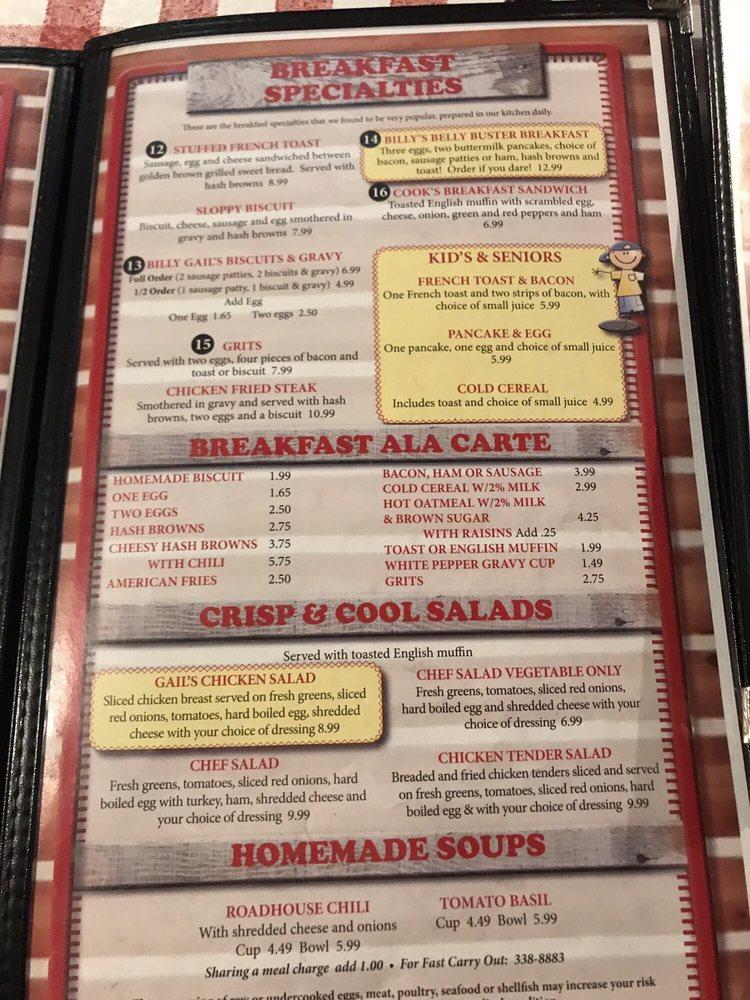 Menu at Billy Gail's cafe, Branson