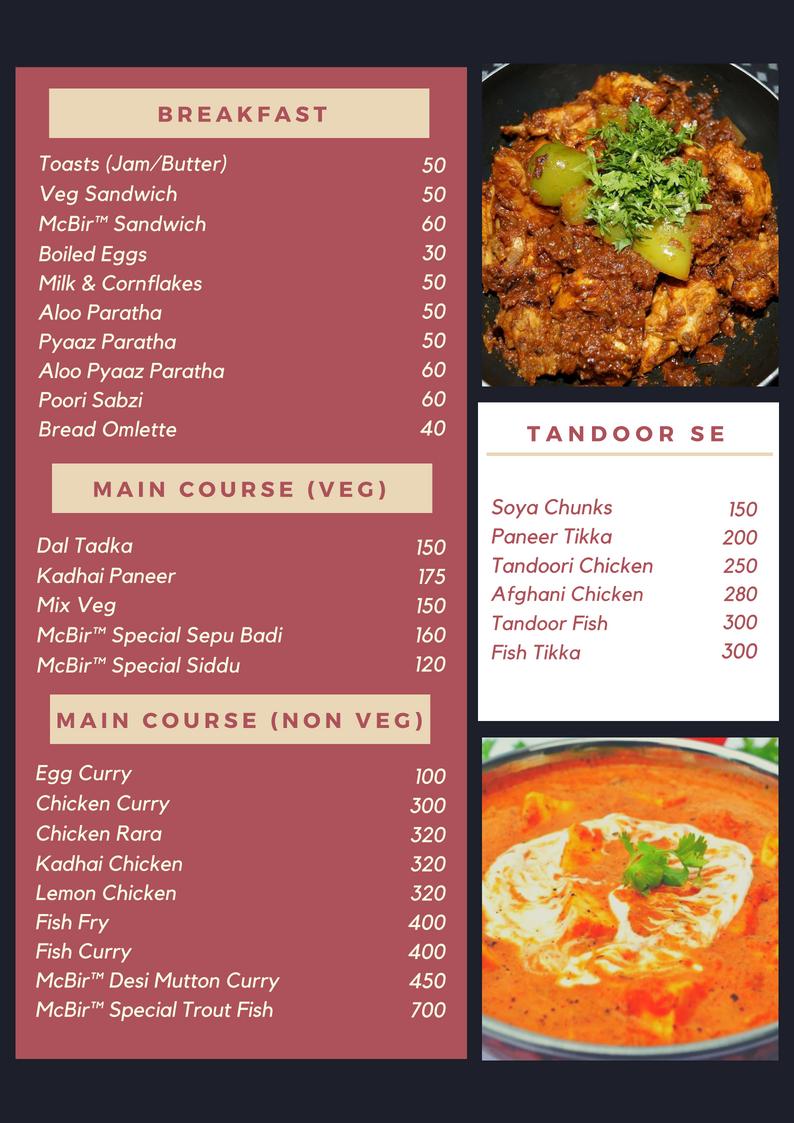 Menu at Bir Café, Bir