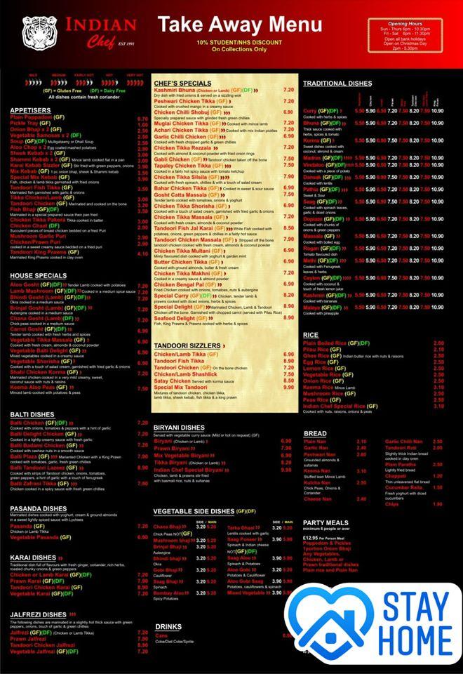 Menu at Indian Chef restaurant, Sheffield, 176 Crookes