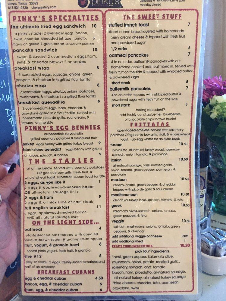 Menu at Pinky's Diner restaurant, Tampa
