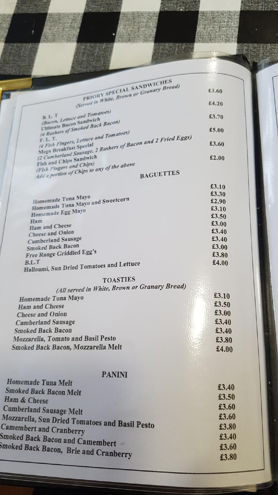 Menu at The Priory Cafe, Ruislip