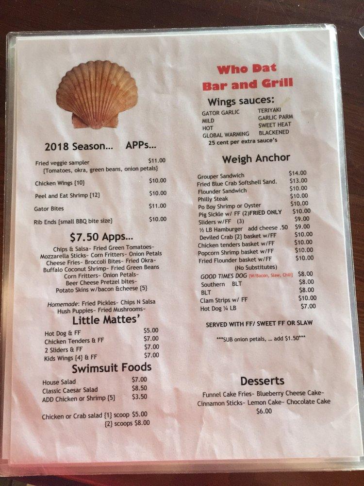 Menu at Who Dat Bar & Grill, Steinhatchee