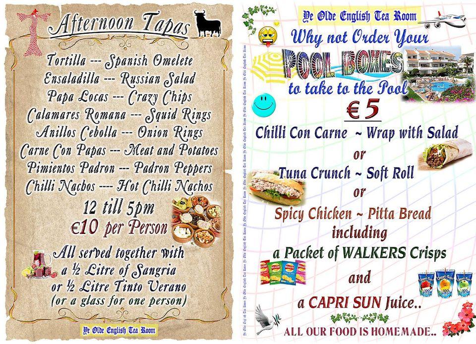 Menu at Ye Olde English Tea Room cafe, Los Cristianos