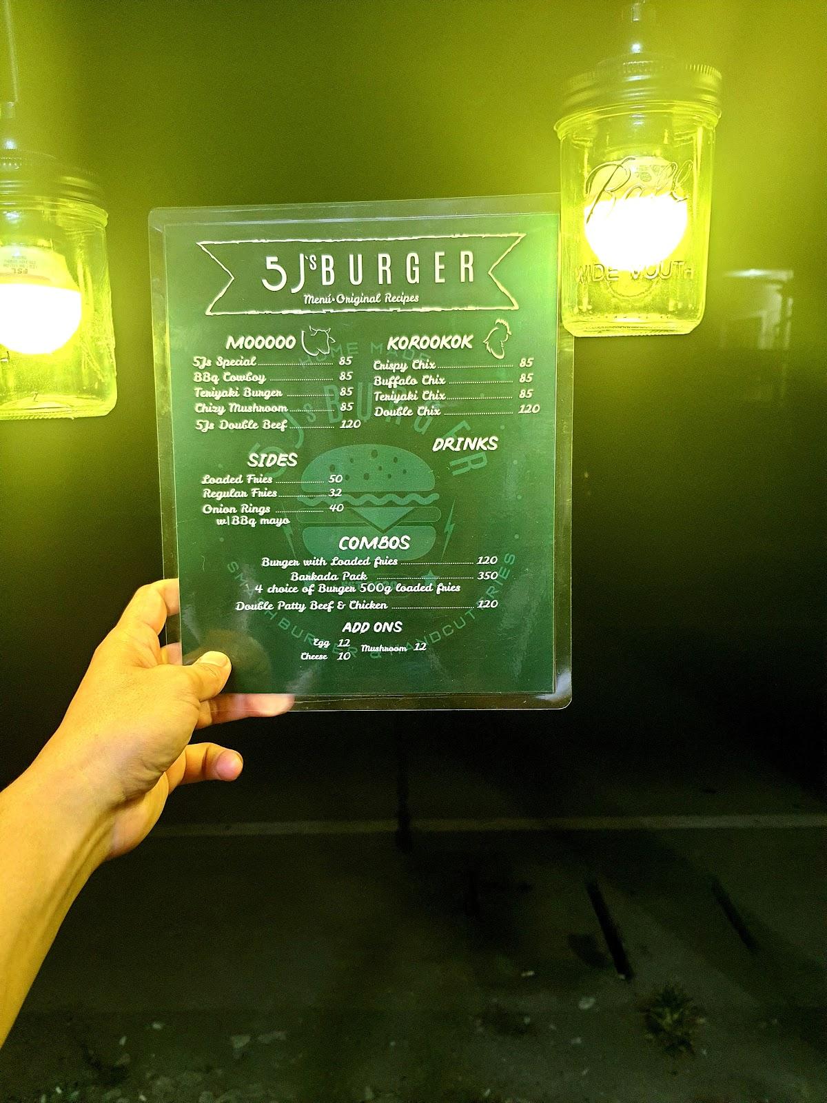 Menu at 5J's Burger restaurant, Baliuag