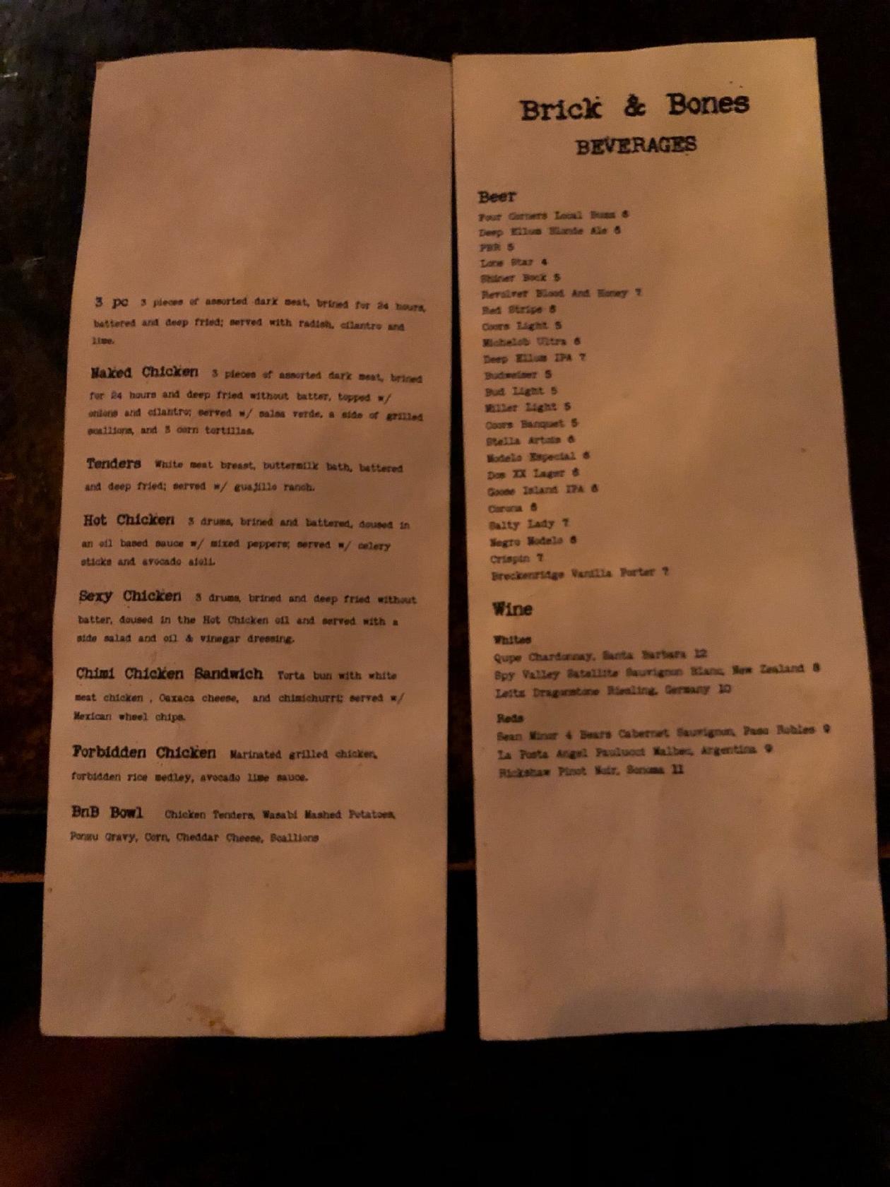 Menu at Brick & Bones pub & bar, Dallas