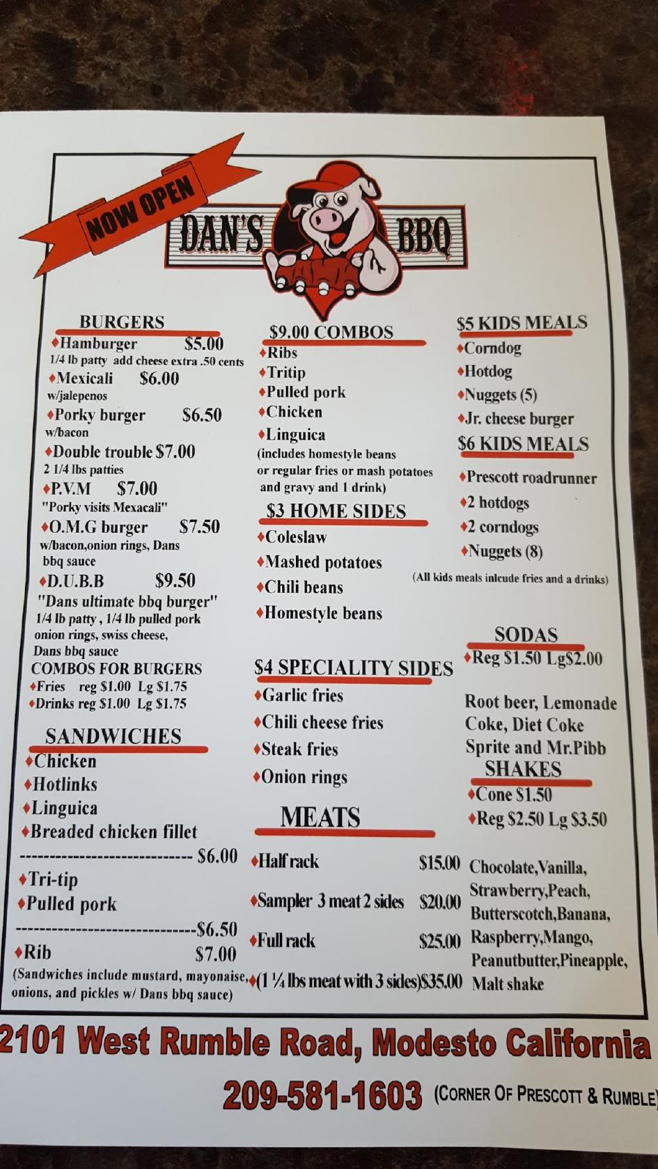 Menu at Dan’s BBQ, Modesto