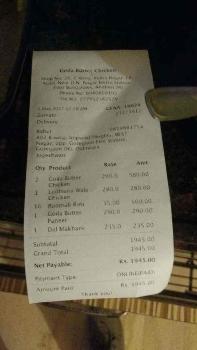 Menu at Goila Butter Chicken, Mumbai, JP Road