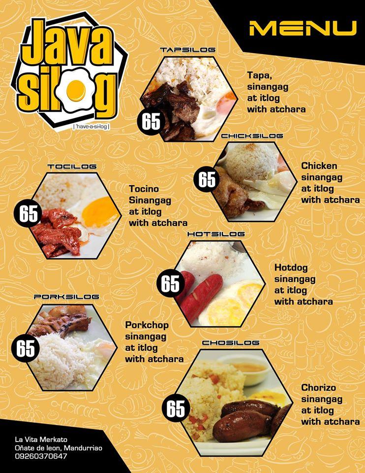 Carta del restaurante Java Silog, Iloílo