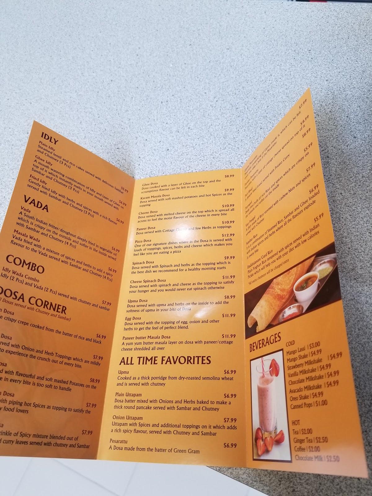 Menu at Minerva Tiffins restaurant, Toronto