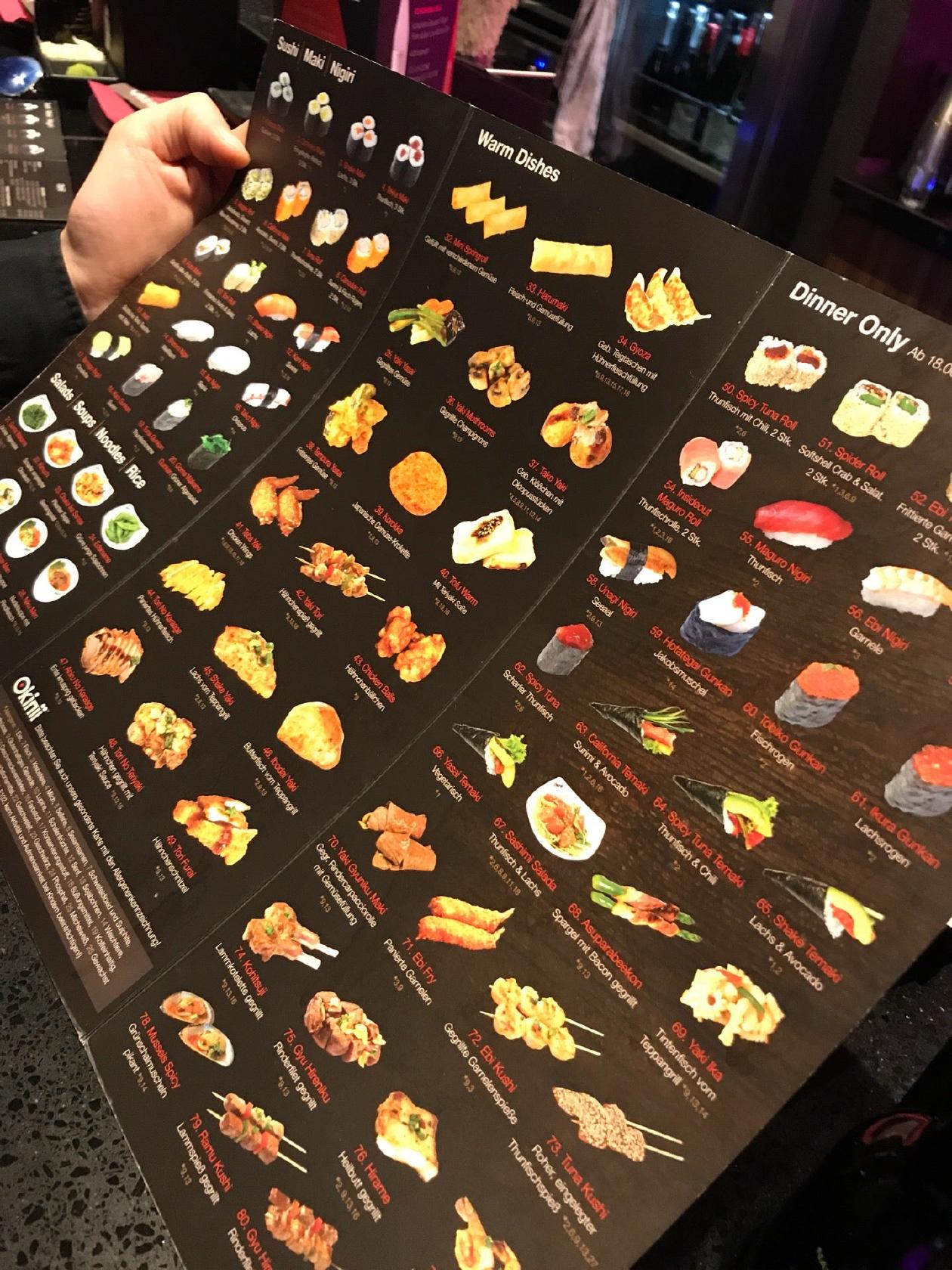 Menu at Okinii Köln restaurant, Cologne