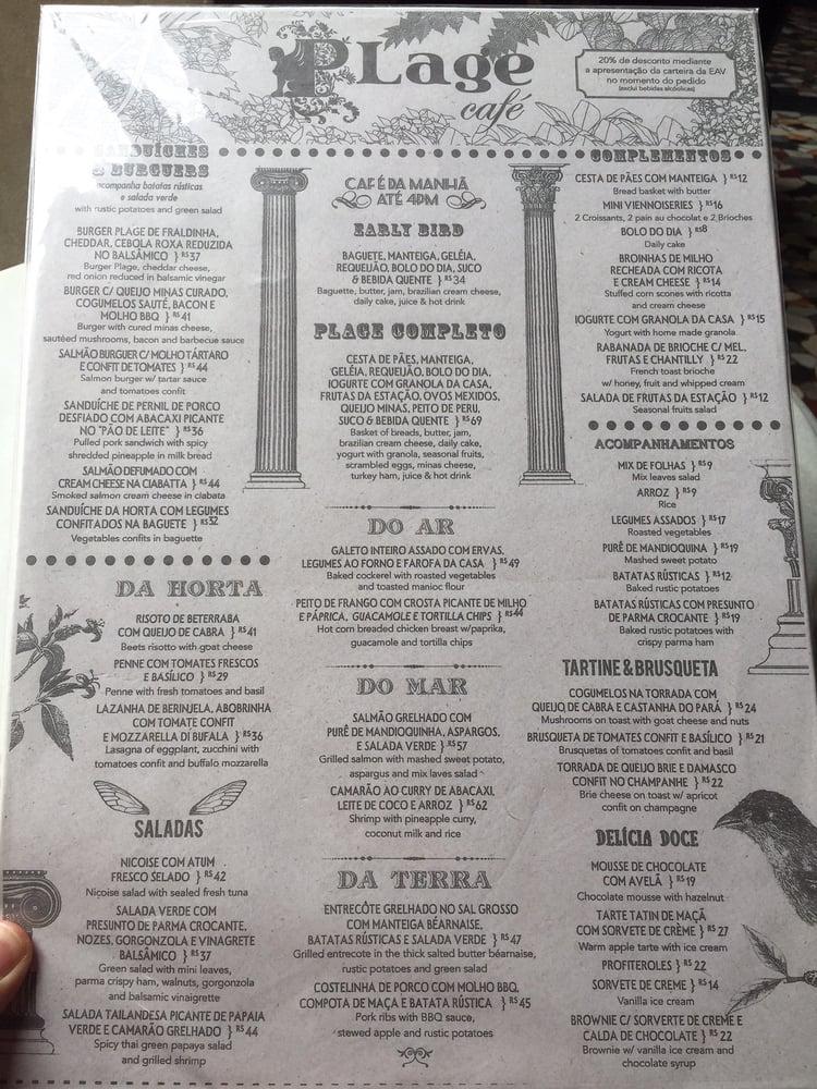 Menu at Plage Café, Rio de Janeiro