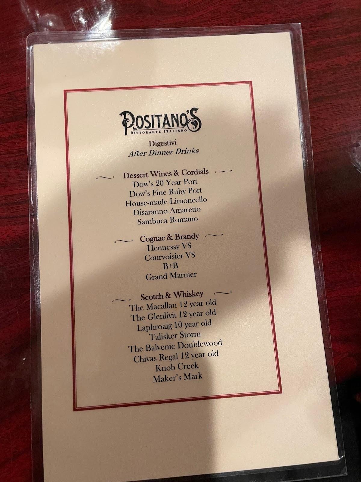 Menu at Positano's Ristorante restaurant, Palm Harbor