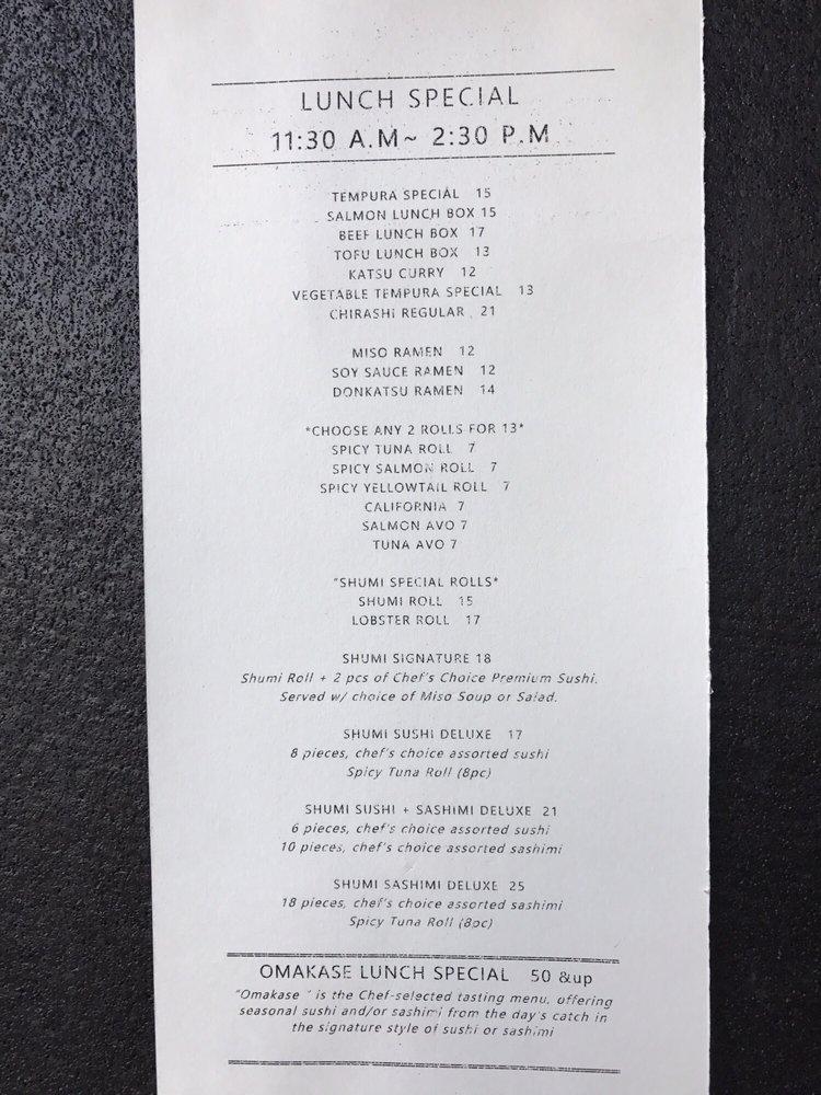 Menu at Shumi Japanese Cuisine restaurant, Ridgewood