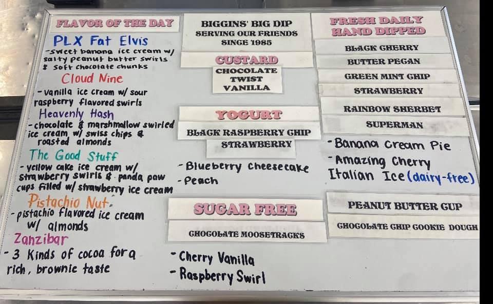 Menu at Biggins' Big Dip, Akron