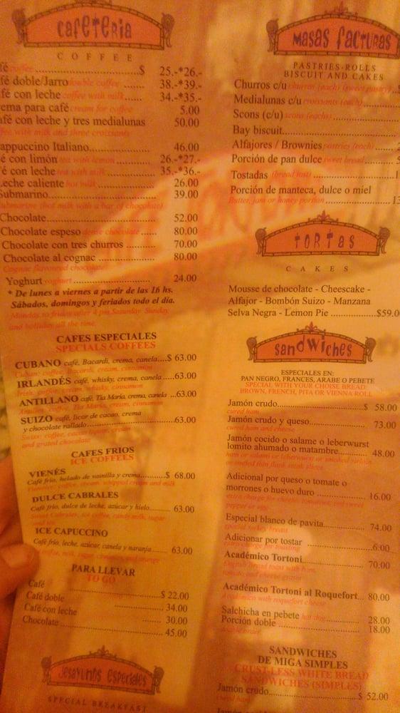 Menu at Café Tortoni, Buenos Aires, Av. de Mayo 825