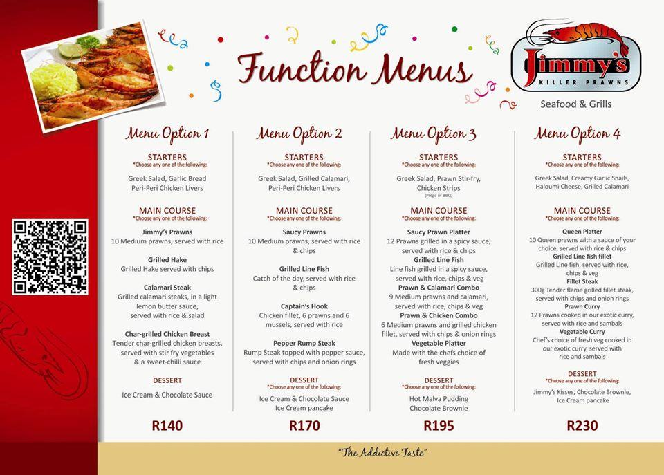 Menu at Jimmy's Killer Prawns restaurant, Kempton Park, Elgin Mall