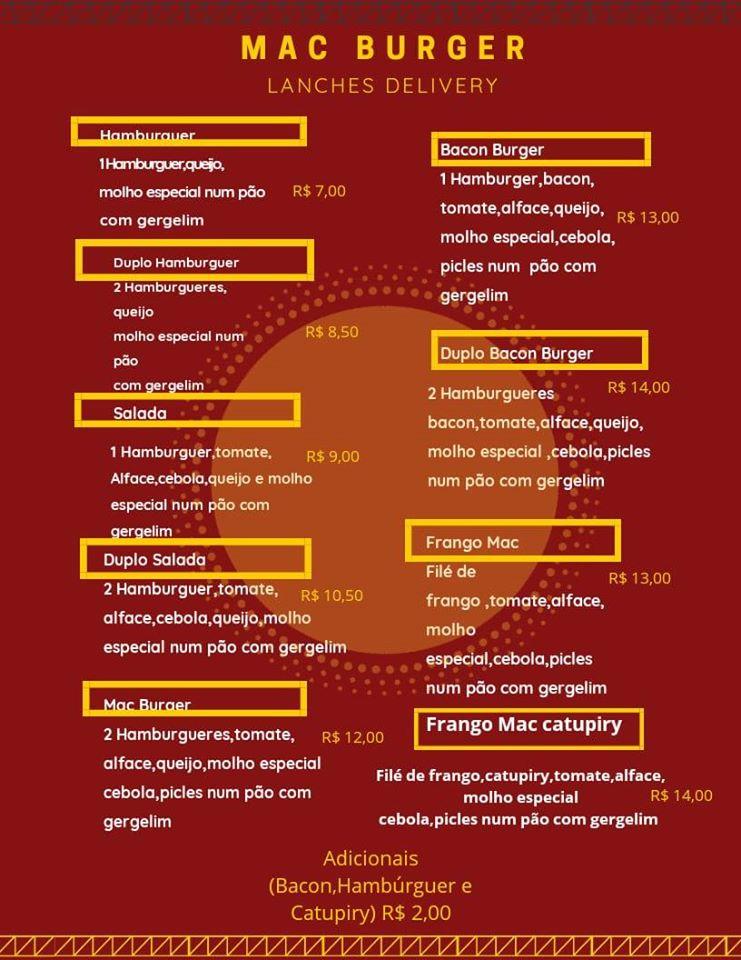 Menu at Mac Burger restaurant, Cachoeira Paulista