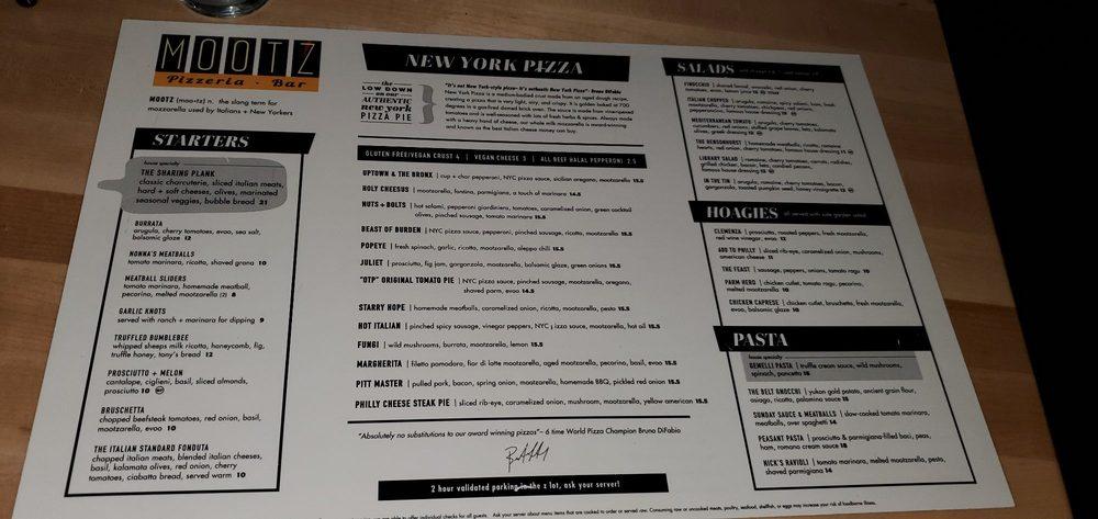 Menu at Mootz Pizzeria + Bar, Detroit