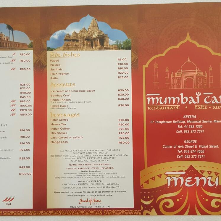 Menu at Mumbai Cafe, George, 72 Knysna Rd