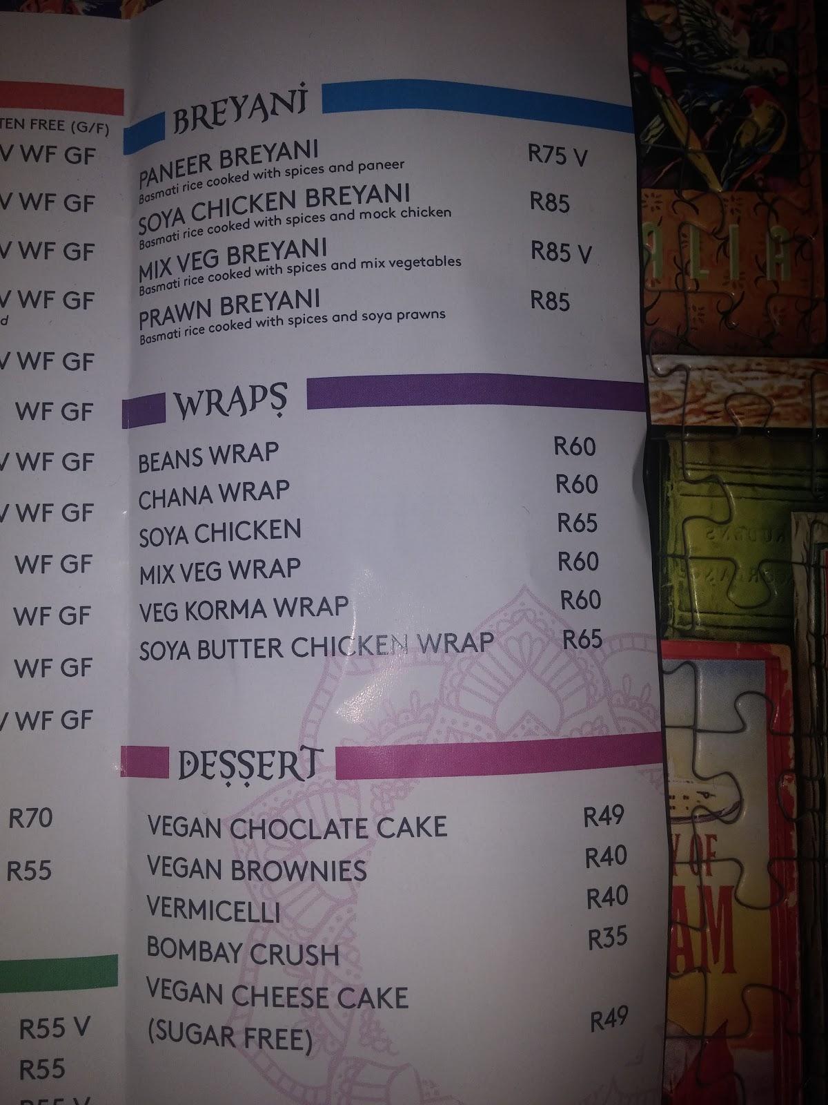 Menu at Prashad Café (Kloof Street) cafe, Cape Town