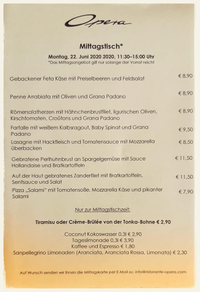 Menu at Ristorante Opera restaurant, Hamburg