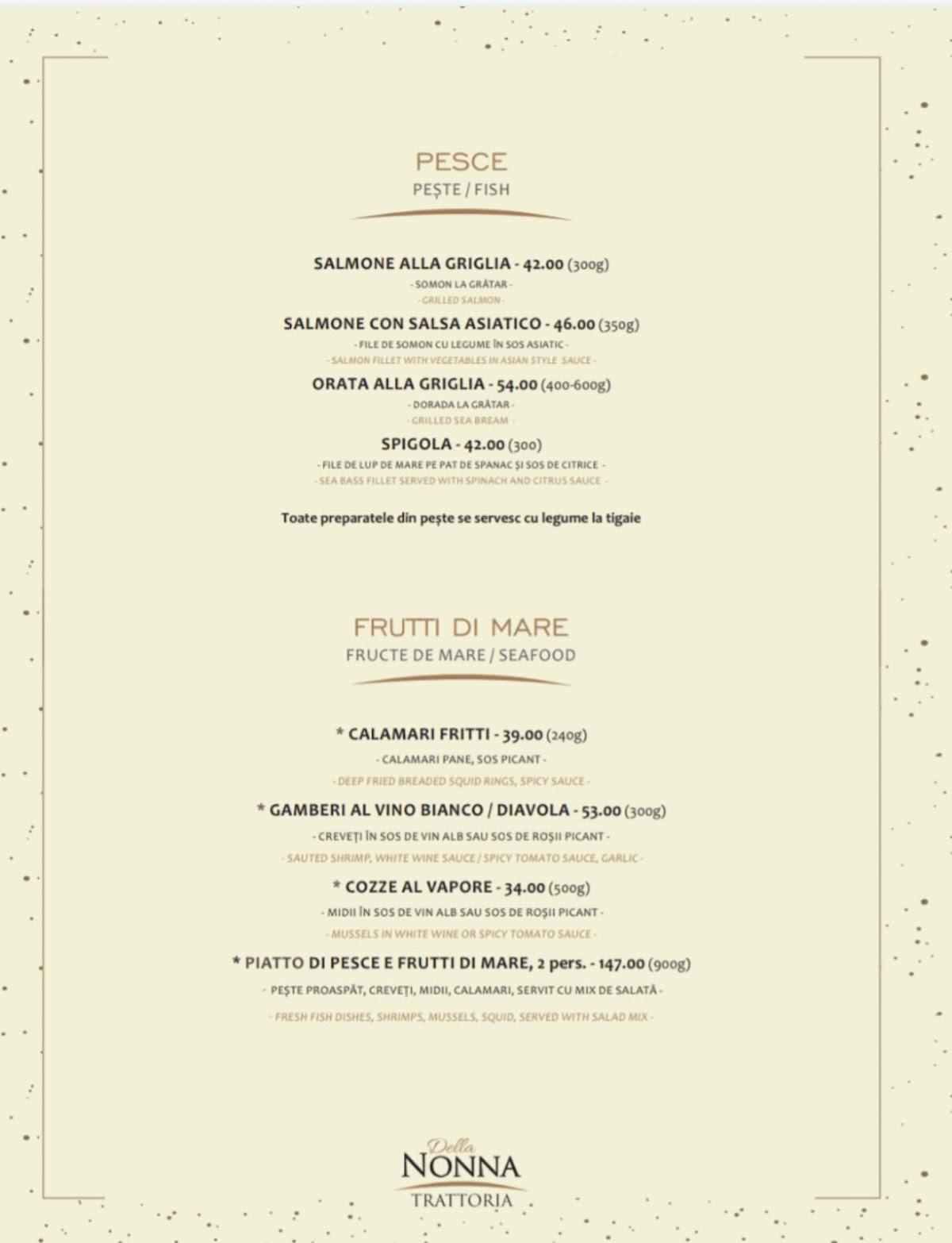 Menu at Trattoria della Nanna, Bucharest