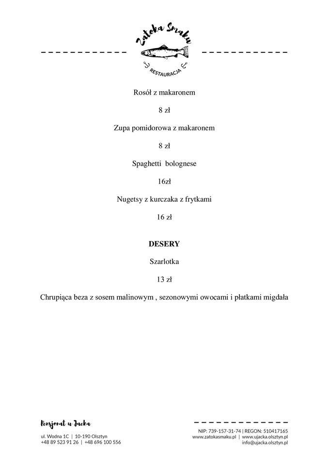 Menu at Zatoka Smaku restaurant, Olsztyn