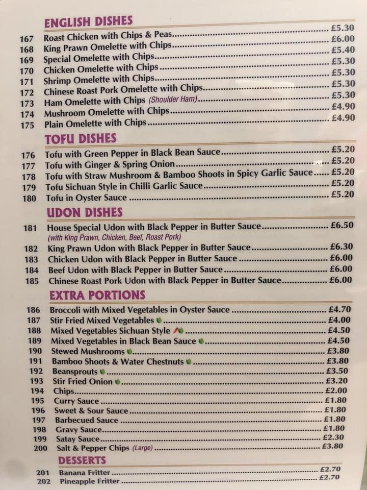 Menu at Wong's Chinese Take Away fast food, Salisbury