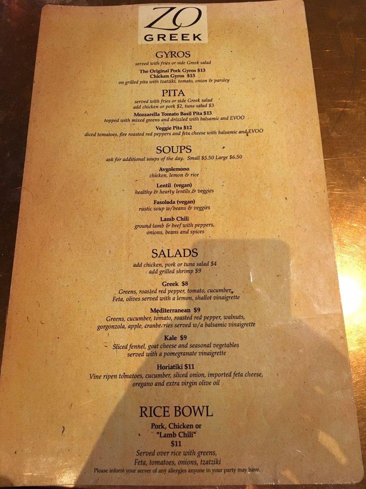 Menu at Zo Greek pub & bar, Somerville, 355 Revolution Dr