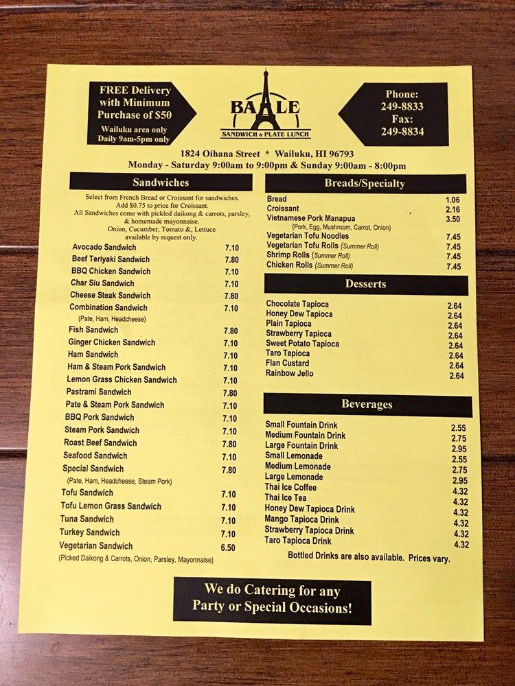 Menu at Ba-Le Sandwich Shop fast food, Wailuku