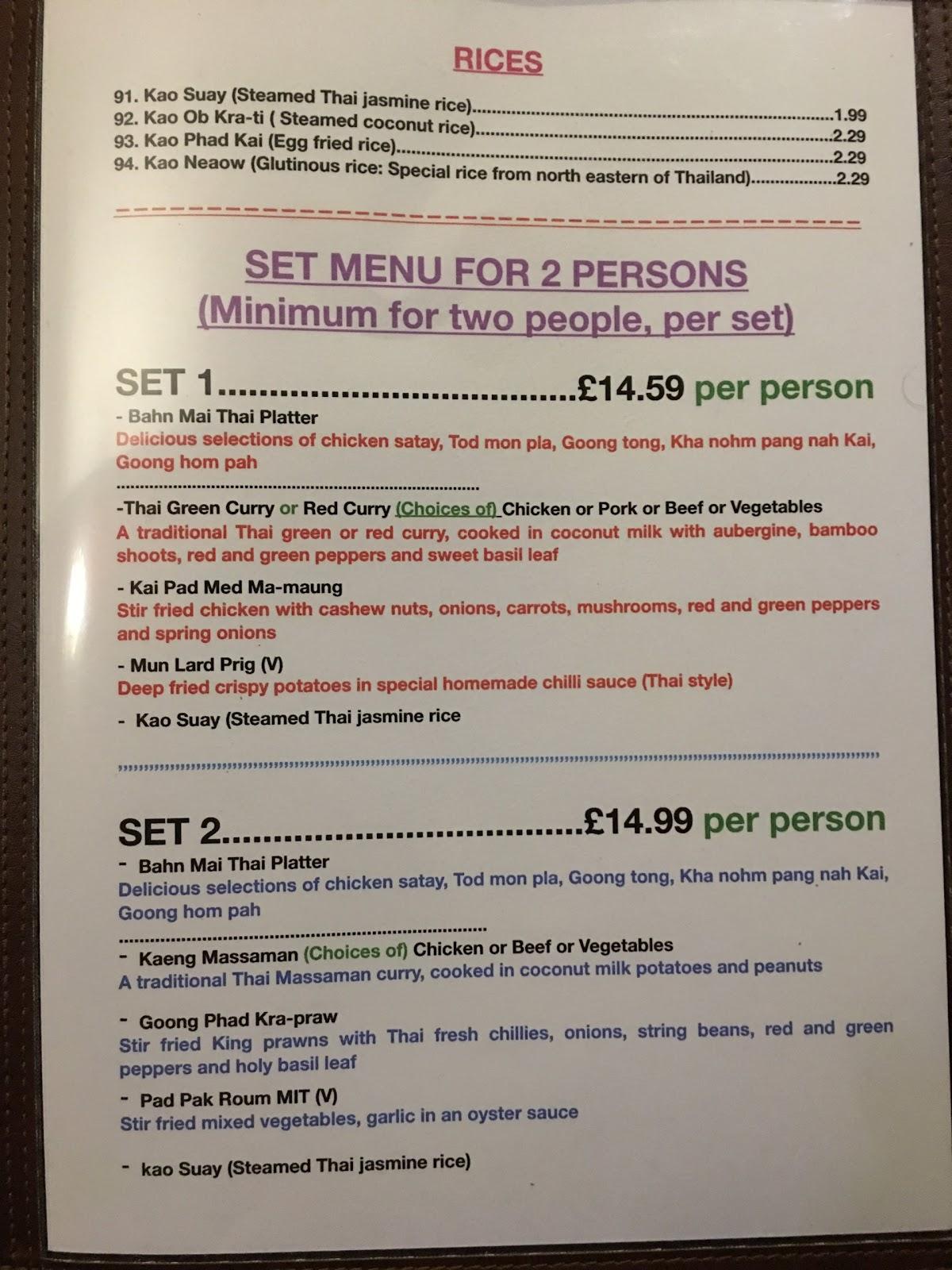Menu at Bahn Mai Thai restaurant, Llanelli