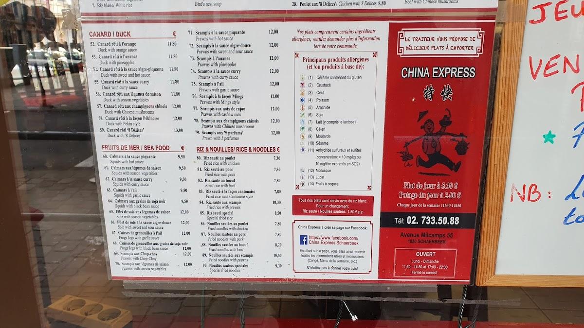 Menu au China Express 2, Schaerbeek, Av. Milcamps 55