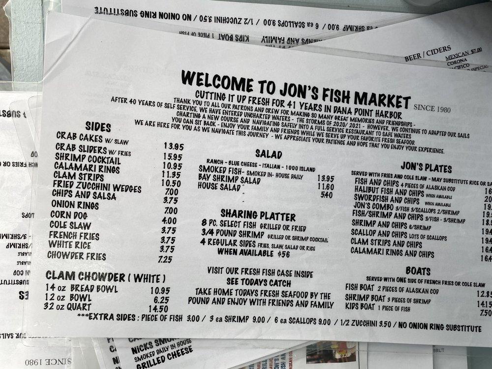 Menu at Jon's Fish Market restaurant, Dana Point