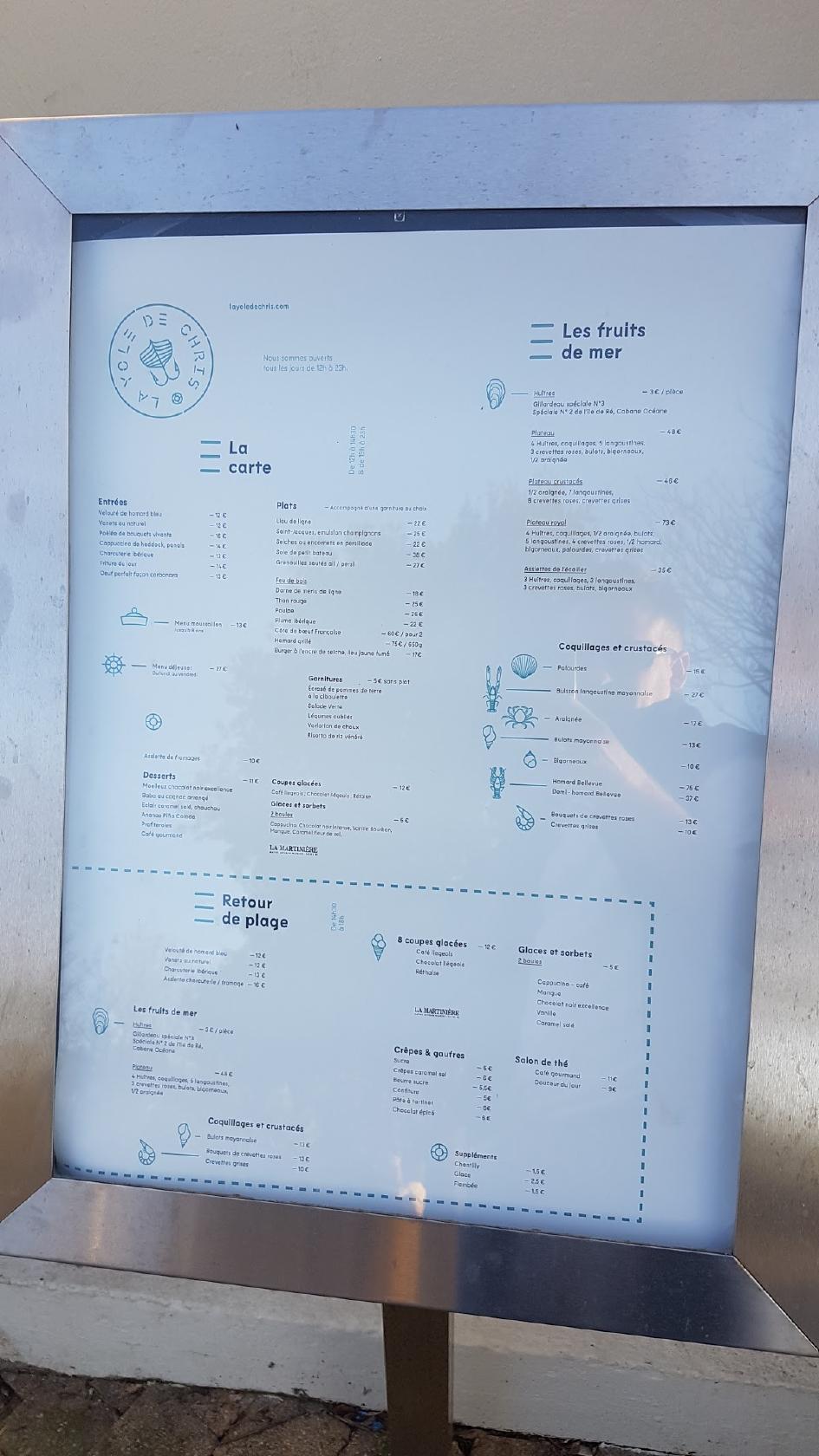 Menu au La Yole de Chris restaurant, La Rochelle