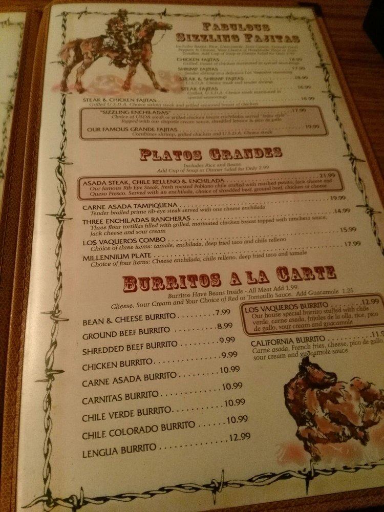 Menu at Los Vaquero's Mexican Grill restaurant, Hemet