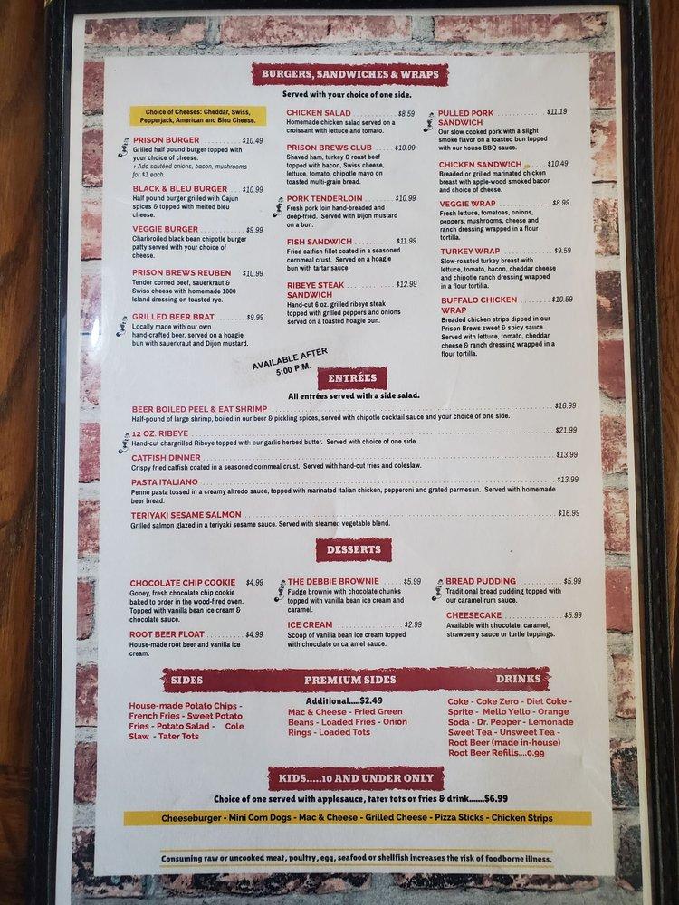 Menu at Prison Brews pub & bar, Jefferson City
