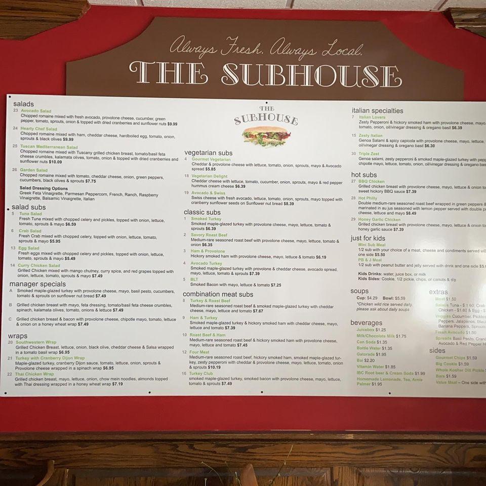 Menu at Subhouse restaurant, Hudson