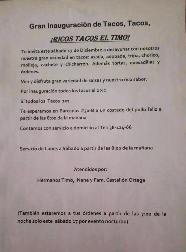 Menu at TACOS TIMO restaurant, Autlán